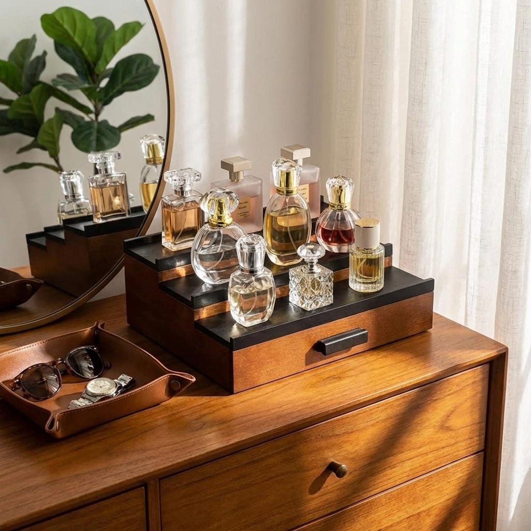 Perfume Tray Desk Organizer With Drawer, Countertop Vanity Storage ...