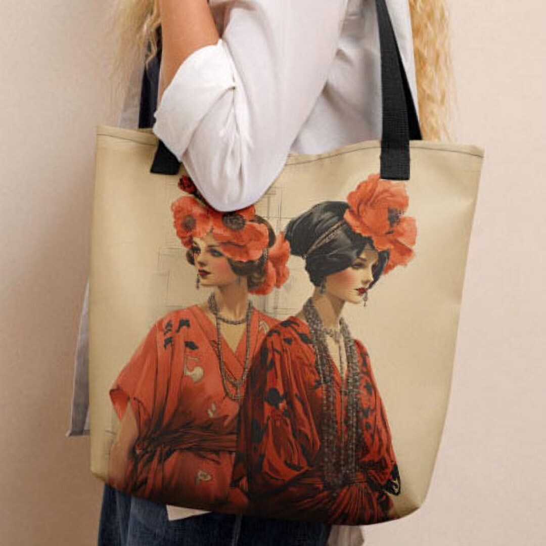 Art Deco Sisters Tote Bag, Vintage Flapper Art | 1920s Red Flower Print ...