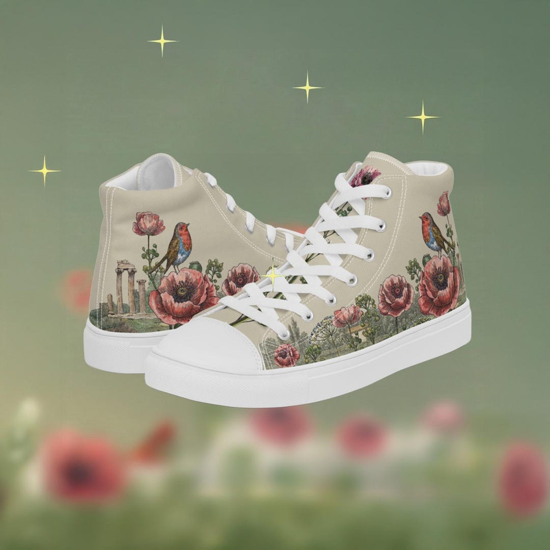 Floral Robin High Top Canvas Shoes, Vintage Botanical Print. - Etsy