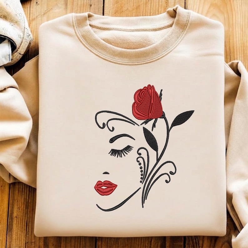 Woman Rose Embroidery Design, Floral Line Art Machine File (digital ...