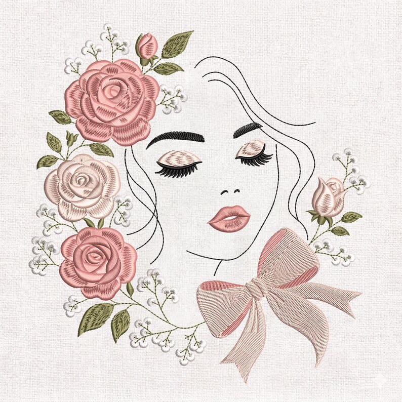 Rose Girl Embroidery Design, Floral Woman Machine File, Pink Flower ...
