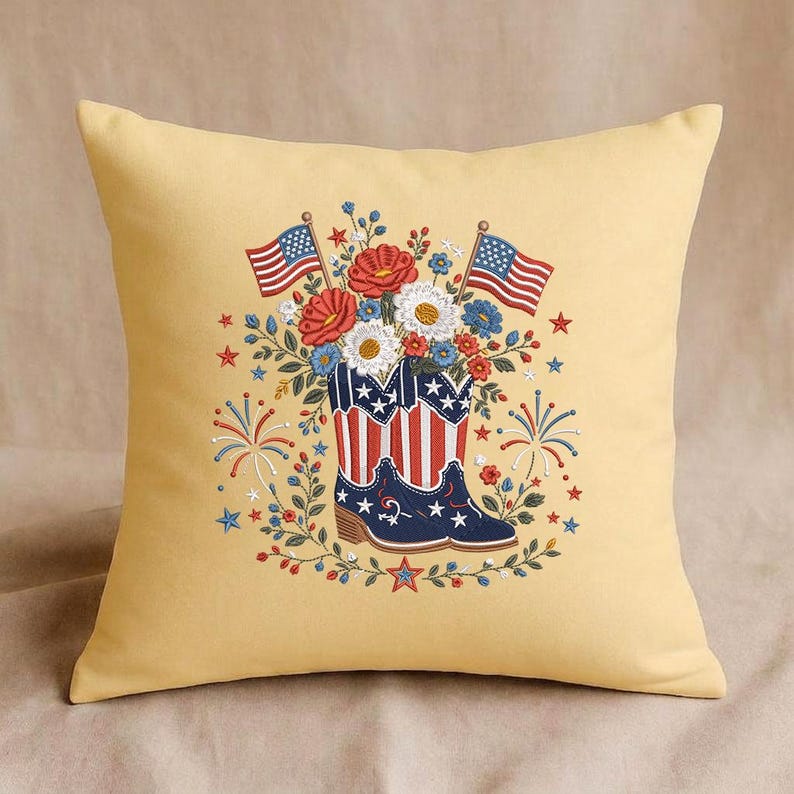 Patriotic Cowboy Boot Embroidery Design, USA Flag Floral Machine File ...