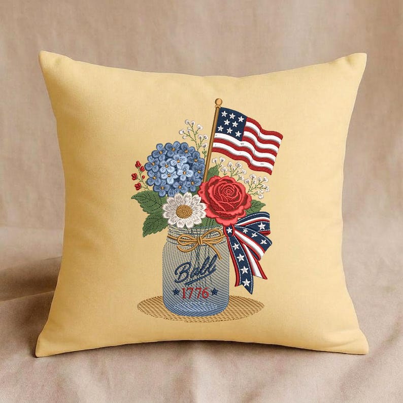 Patriotic Mason Jar Embroidery Design, USA Flag Floral Machine File ...