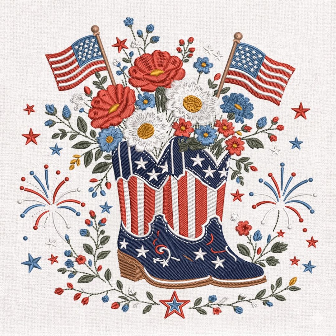 Patriotic Cowboy Boot Embroidery Design, USA Flag Floral Machine File ...