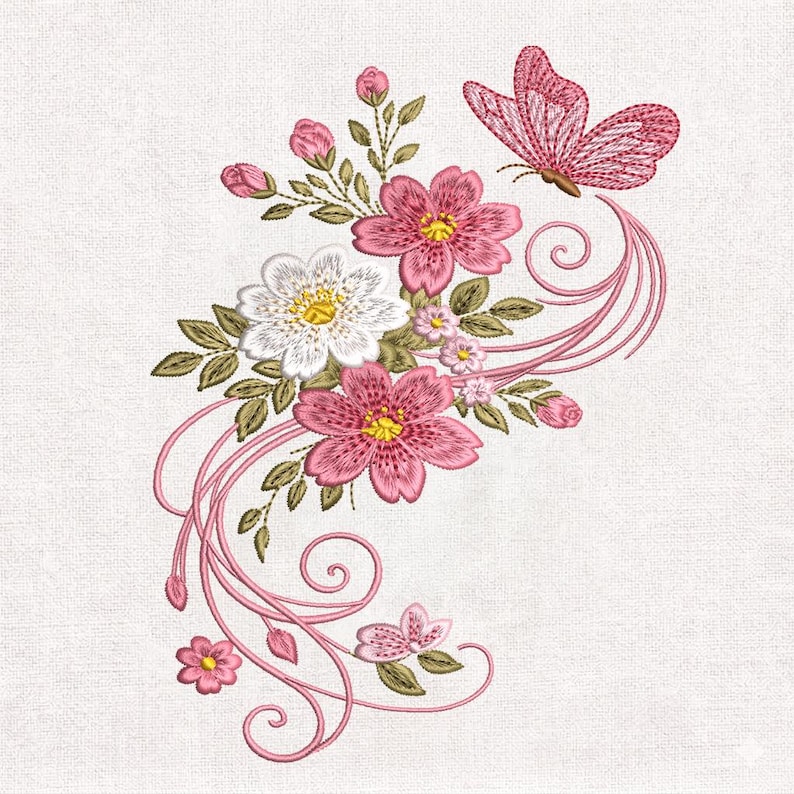 Pink Floral Butterfly Embroidery Design, Botanical Swirl Pattern ...