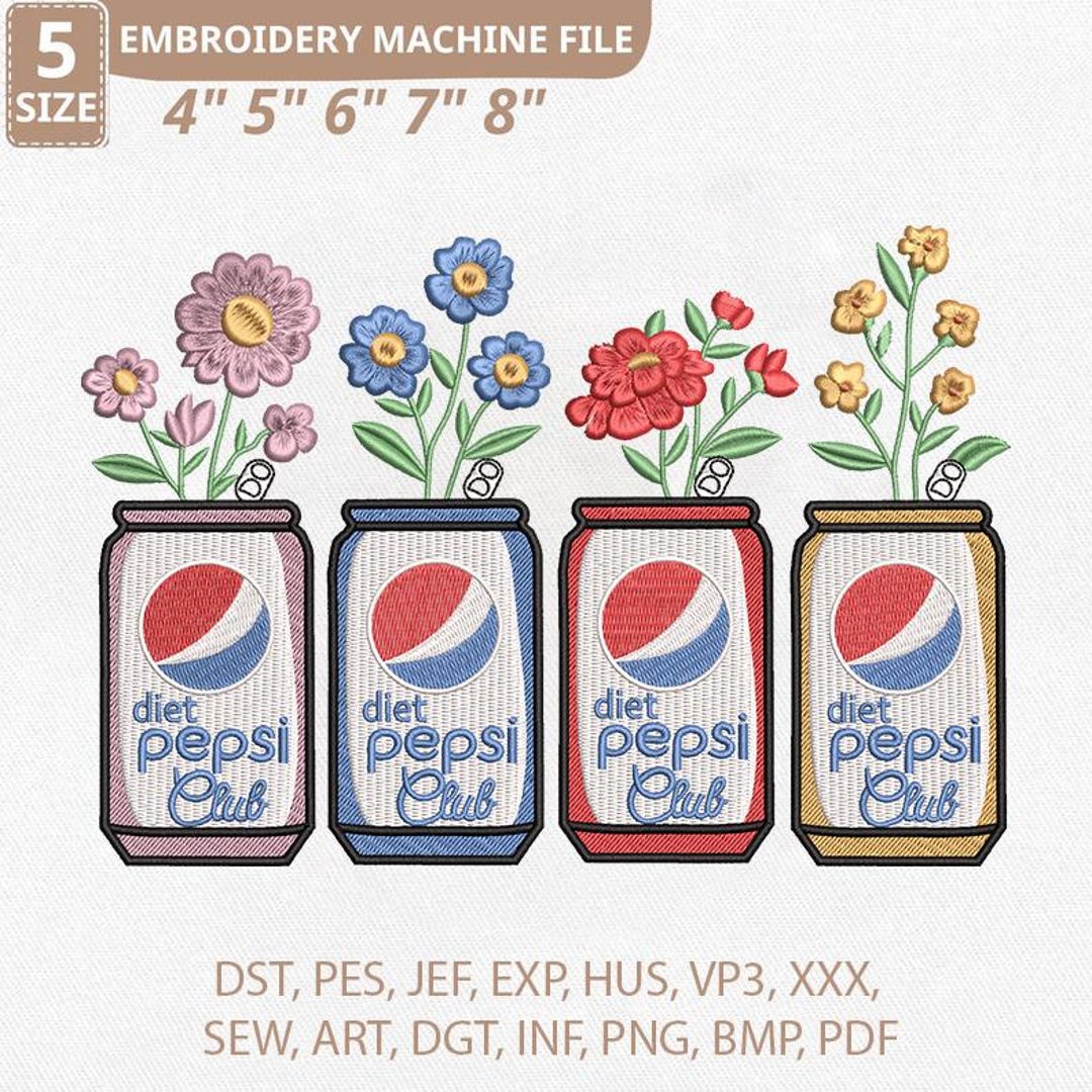 Diet Pepsi Club Floral Soda Can Machine Embroidery Design Bundle ...
