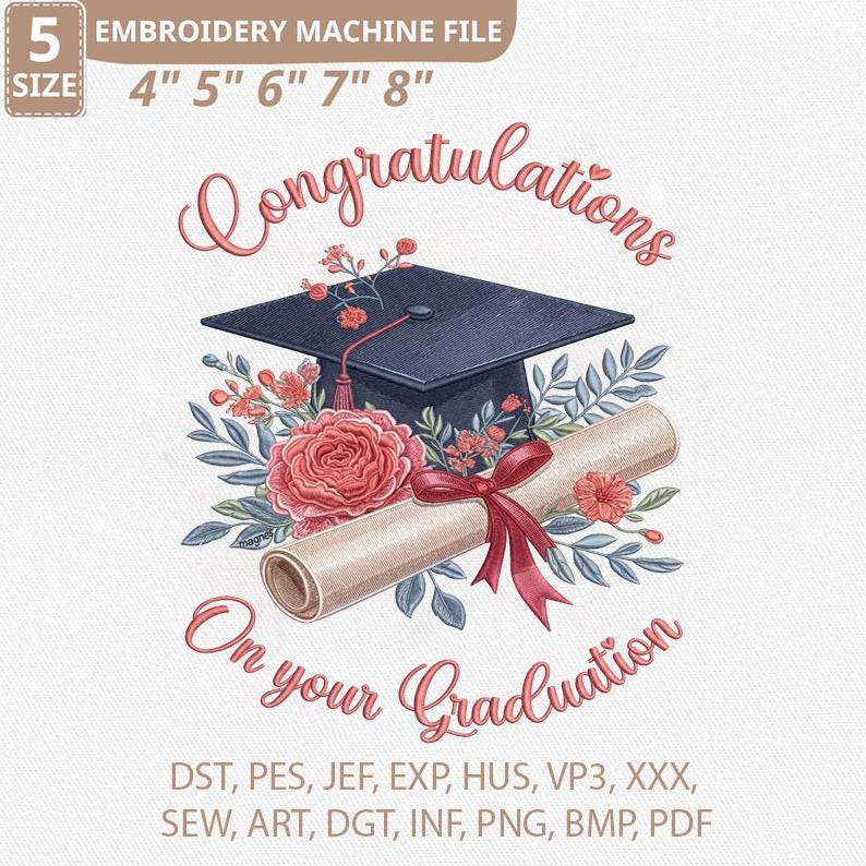Graduation Cap Floral Embroidery Design, Congrats Graduate Machine File ...