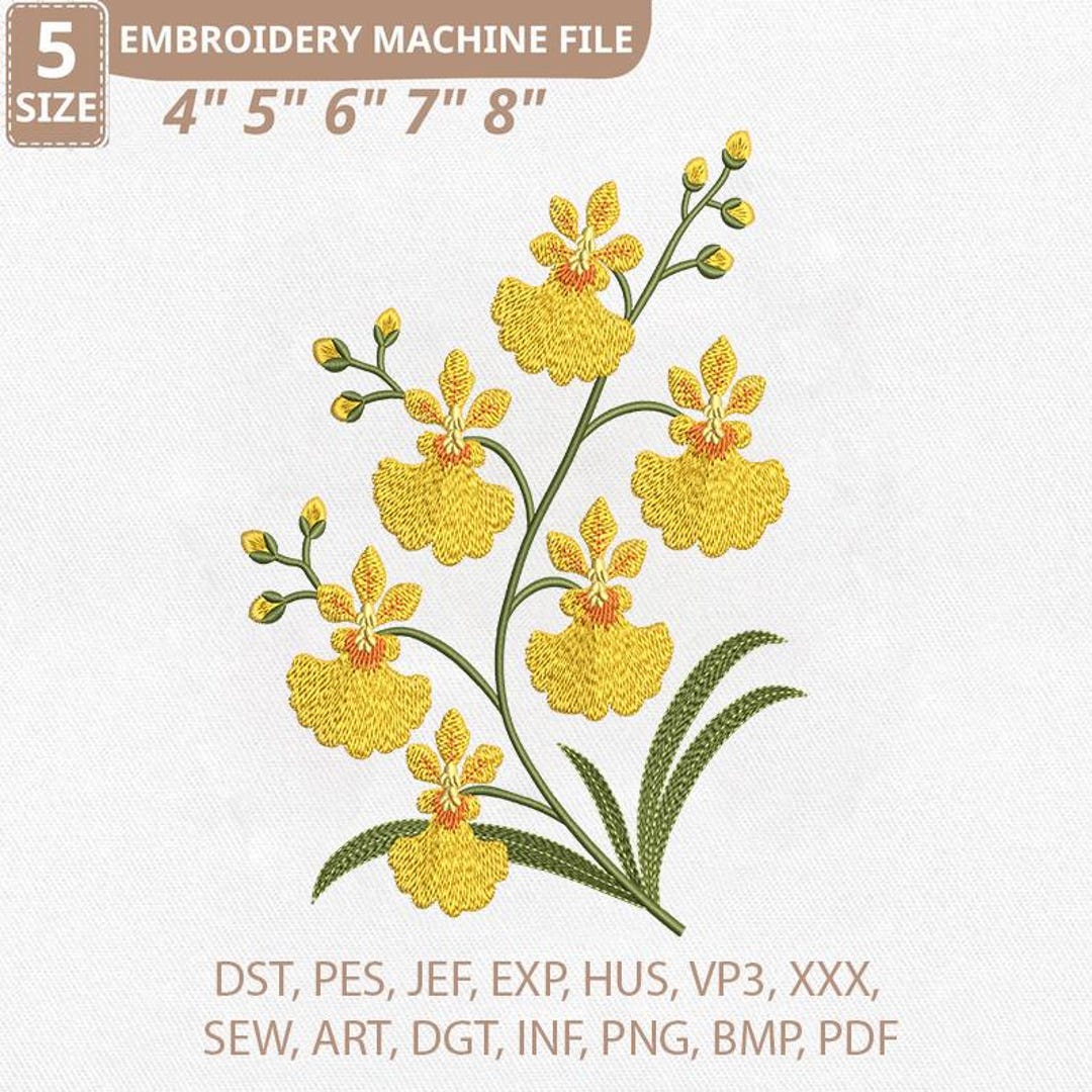 Yellow Orchid Machine Embroidery Design, Tropical Floral Motif (digital ...