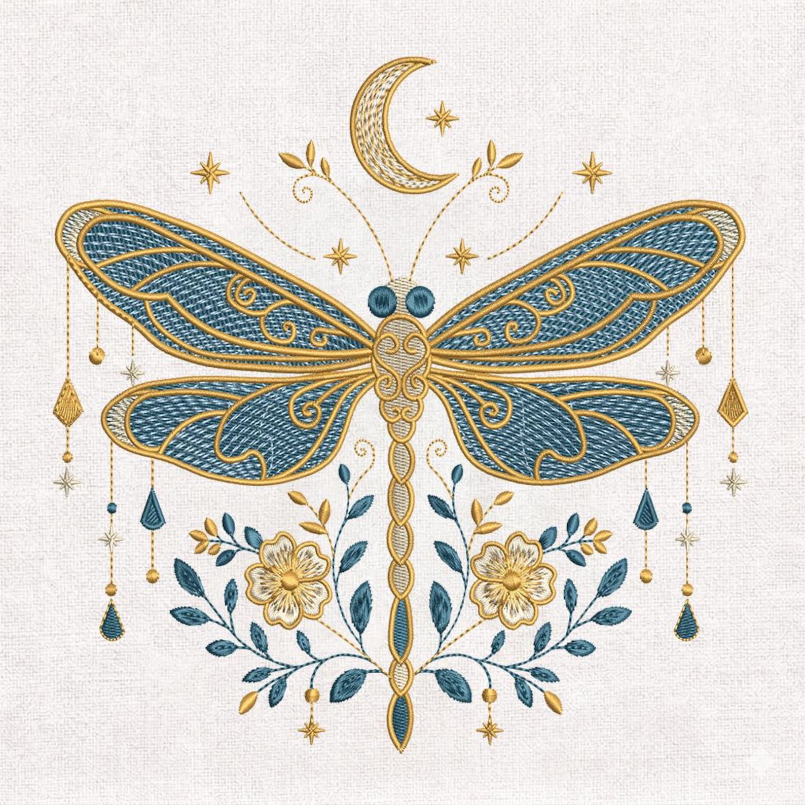 Dragonfly Embroidery Design, Celestial Moon Stars Pattern (digital ...