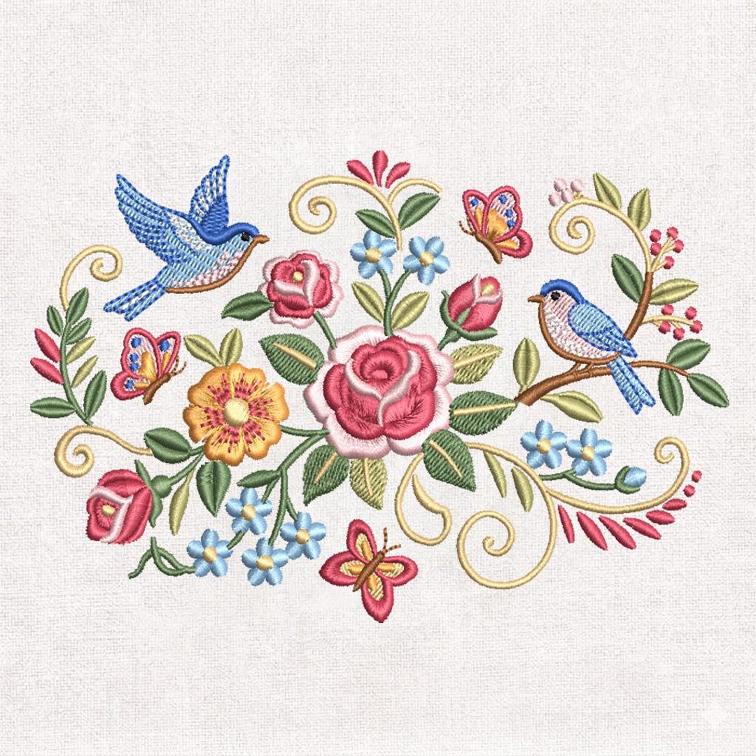 Floral Bird Embroidery Design, Spring Garden Machine Embroidery File ...