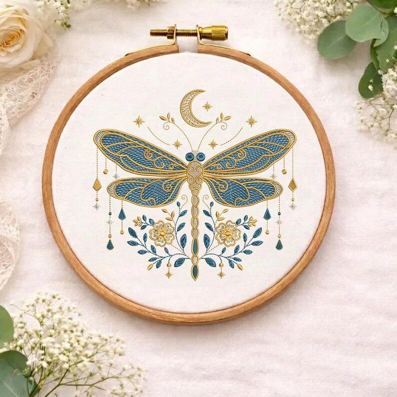 Dragonfly Embroidery Design, Celestial Moon Stars Pattern (digital ...