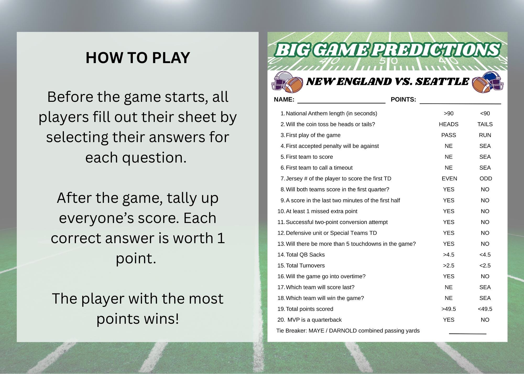 Big Game LX Printable Predictions Game Football Props Sheet Instant PDF ...