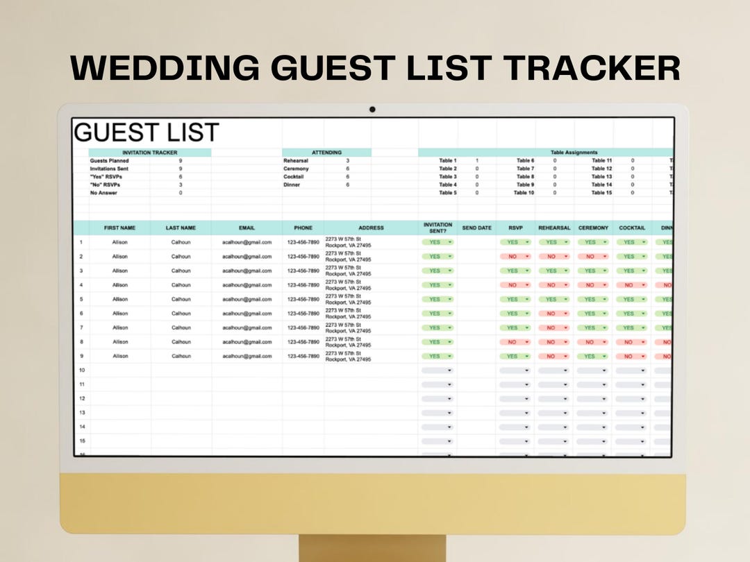 Wedding Guest List Tracker RSVP & Meal Organizer Event Seating Chart ...