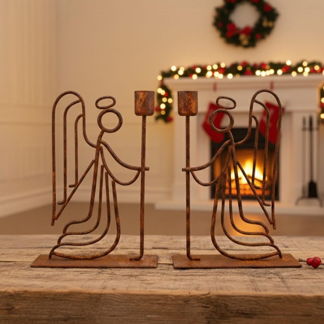 2 Pieces Rustic Metal Angel Candle Holders – Handmade Rust-colored Iron ...