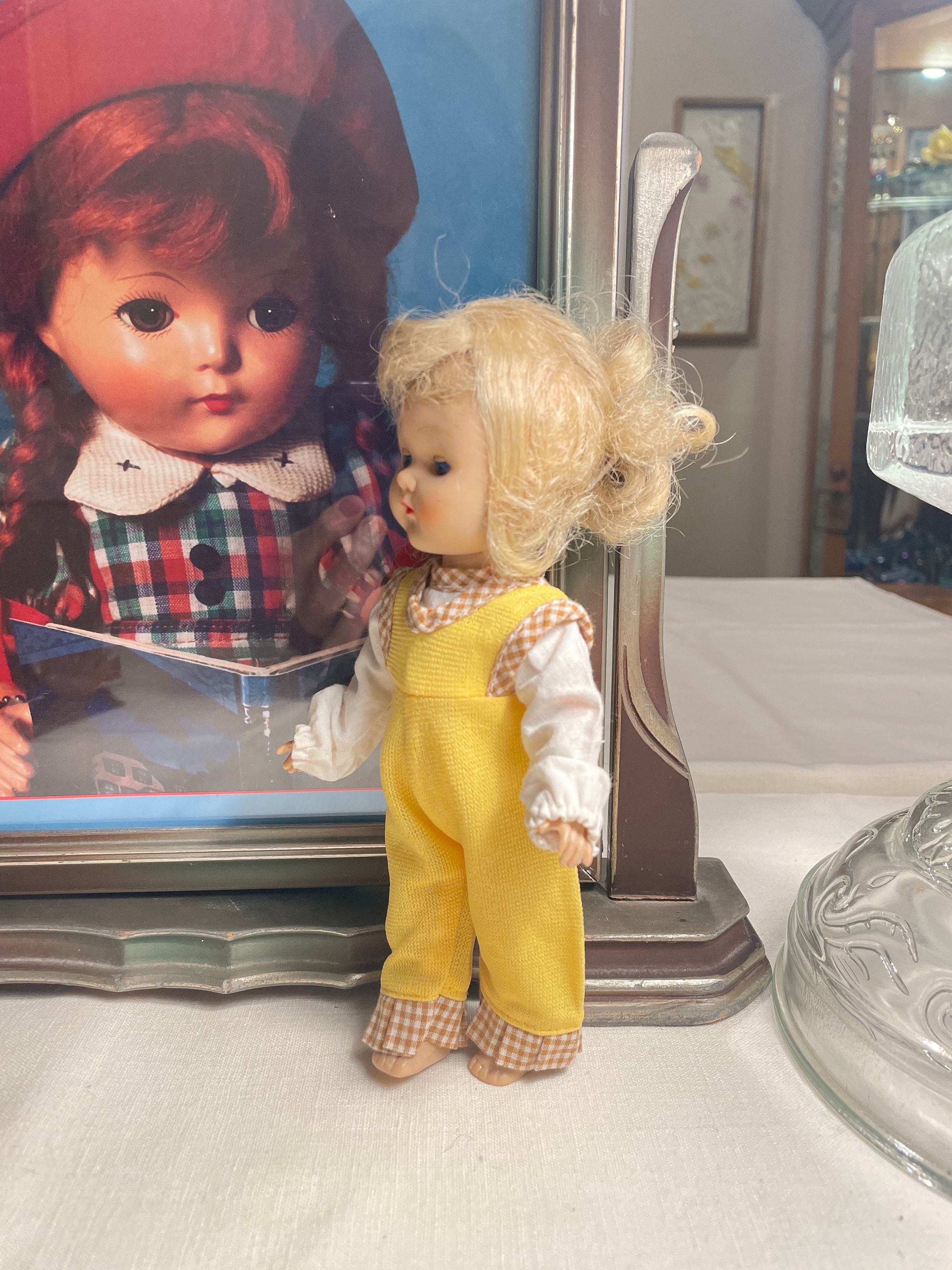 Vintage Pre-loved Little Yellow, Brown & White Overall Outfit Doll Clothes Modeled on a 7 ...