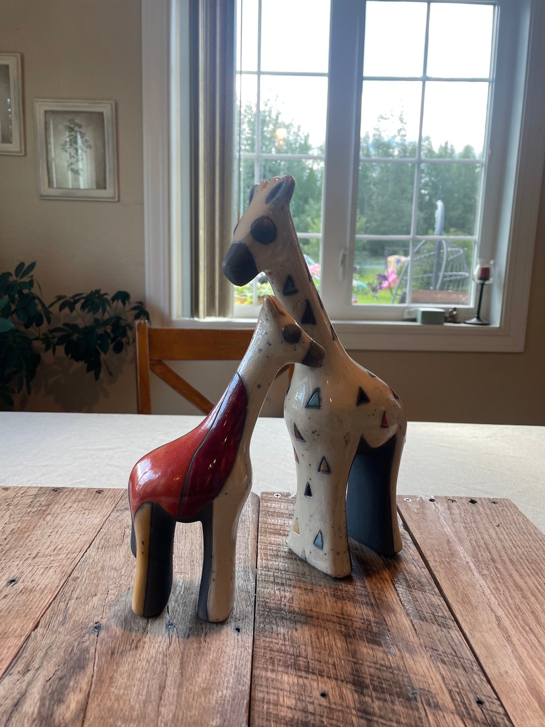 Two Amazing Ceramic Abstract Art Giraffe Figurines Mother & Baby Do Resemble South Africa Raku ...