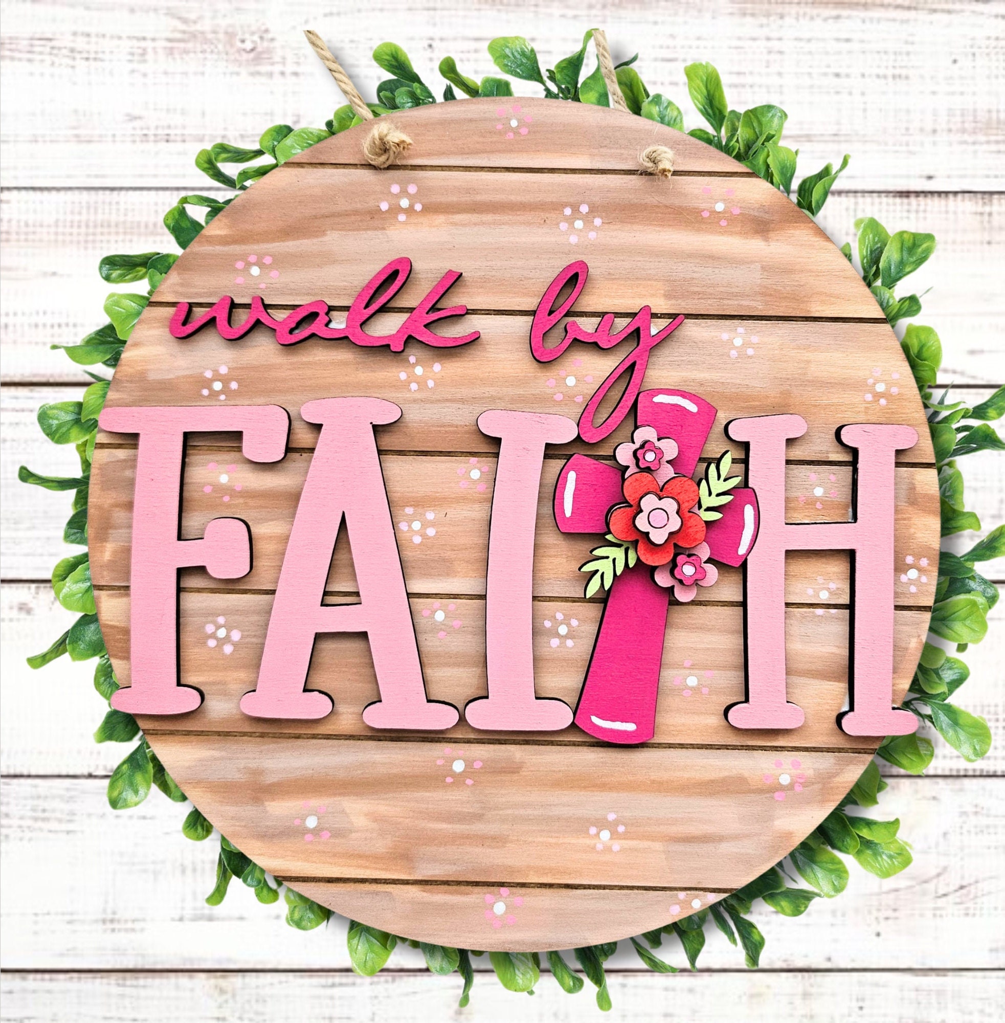 Walk by Faith Easter Religious Cross Floral Round Door Hanger Sign ...
