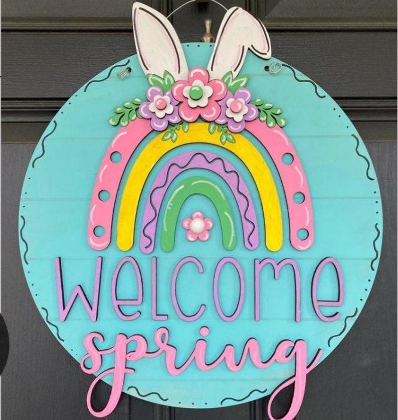 Welcome Spring Bunny Rainbow Round Door Hanger Sign Cutout Shapes ...