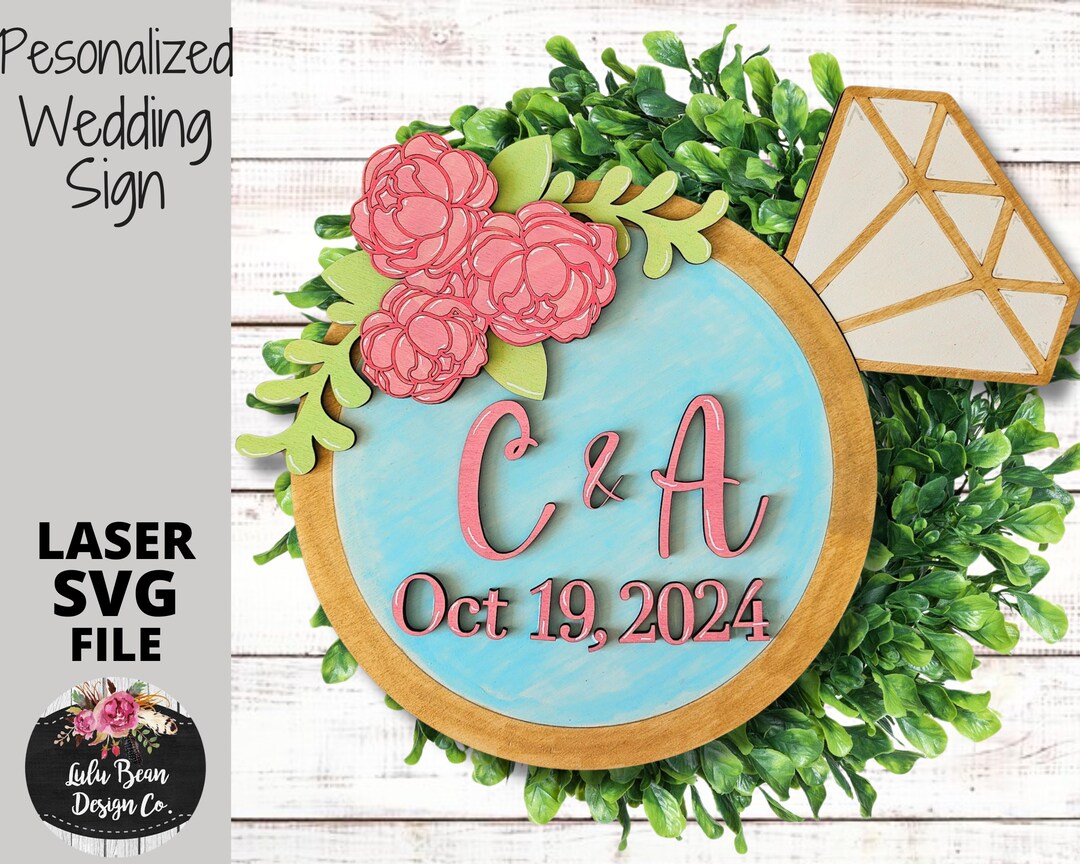 Wedding Ring Floral Name Initials Monogram Date Round Sign SVG File ...