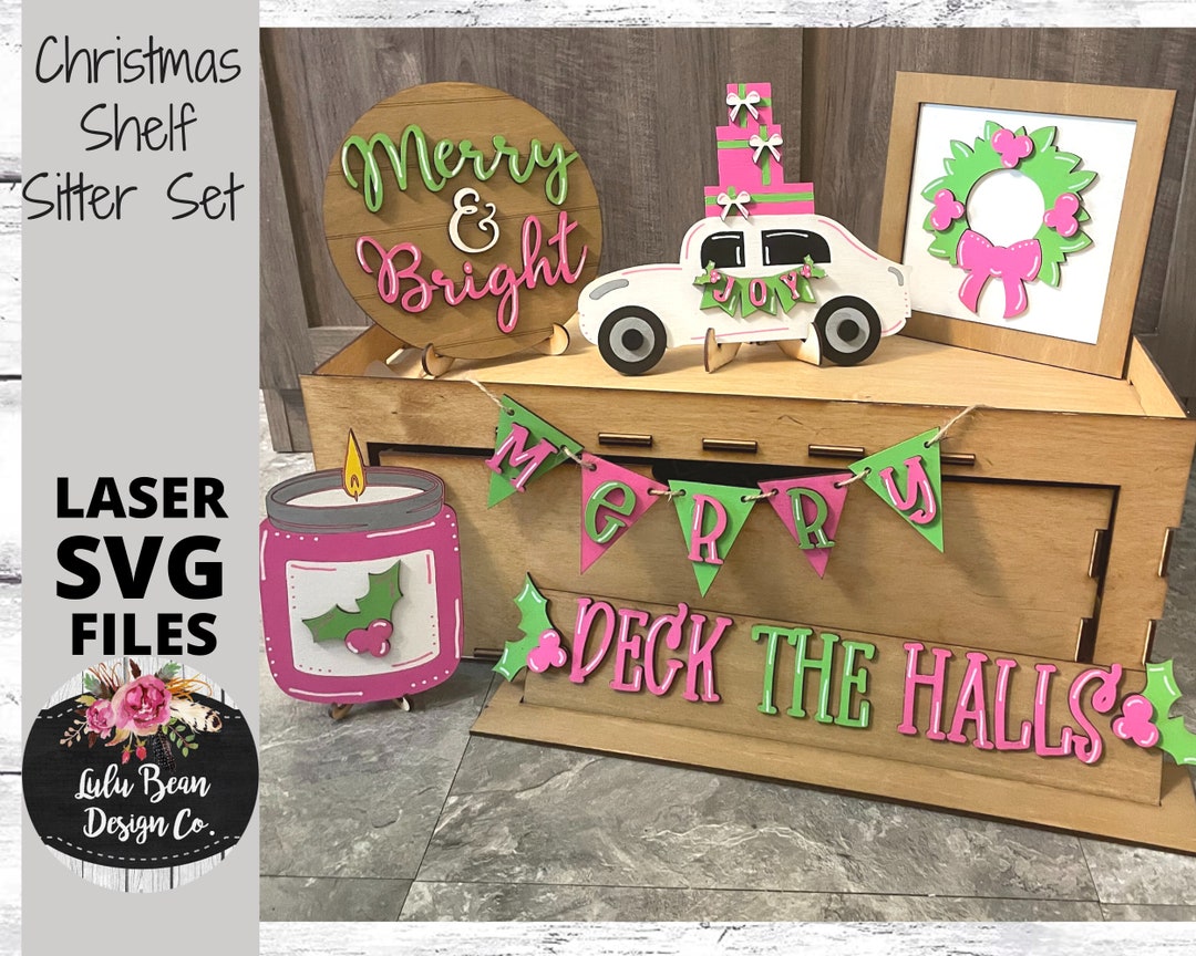 Christmas Car Merry and Bright Deck the Halls Decor Shelf Sitter Set ...