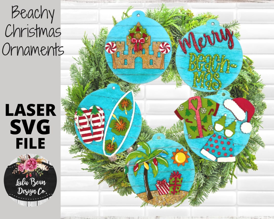 Christmas Beach Merry Beachmas Ornament Set of 5 SVG File Round Shiplap ...