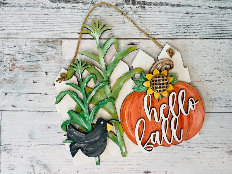 Hello Fall Pumpkin Crow Cornstalk Sign Wood Box DIY Paint Kit SVG ...