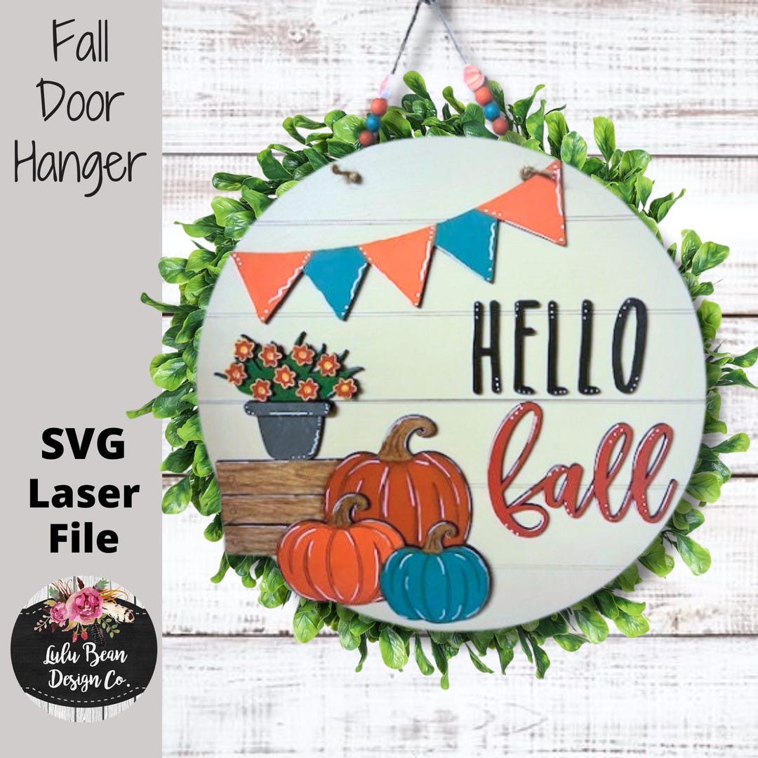 Hello Fall Pumpkin Mum Banner Round Door Hanger SVG Sign Digital Cut ...