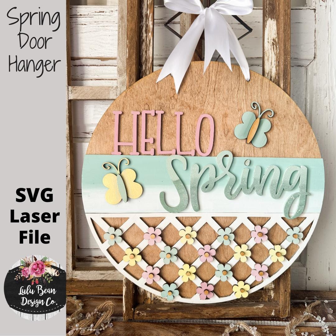 Hello Spring Butterfly Floral Door Hanger SVG Spring Sign Digital Cut ...