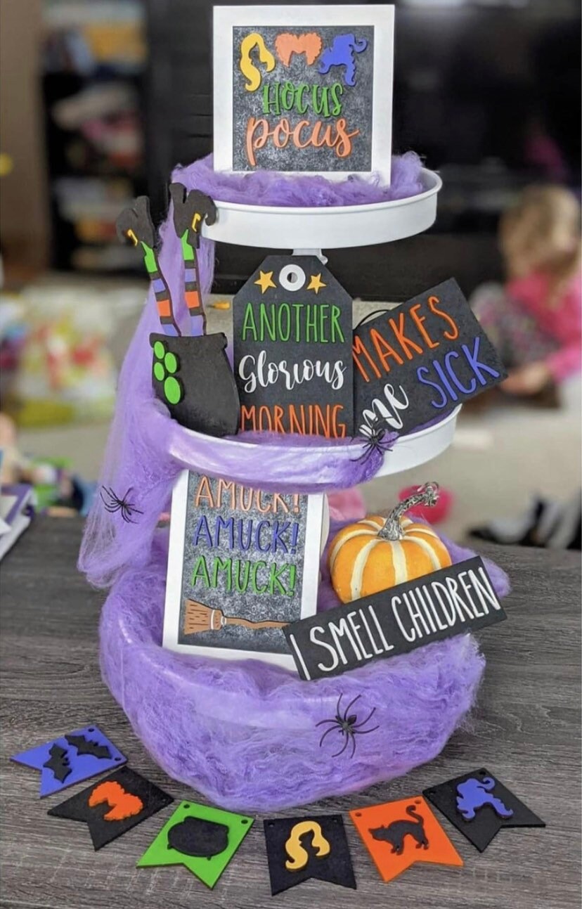 Hocus Pocus Witch Halloween Tiered Tray Kit Wood Tag Sign Round Digital ...