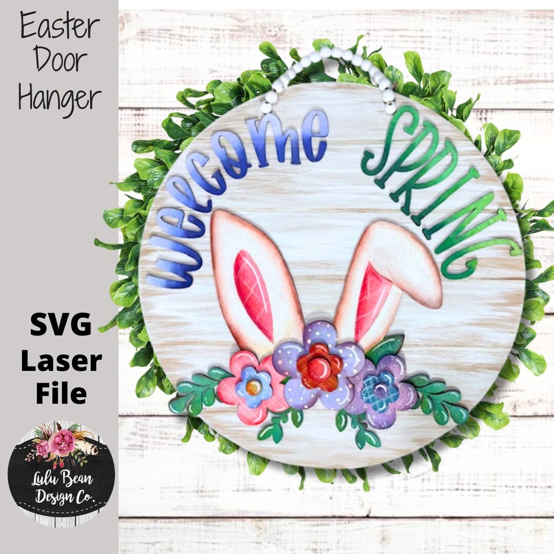 Welcome Spring Bunny Ears Flowers Floral Door Hanger Split Option Sign ...
