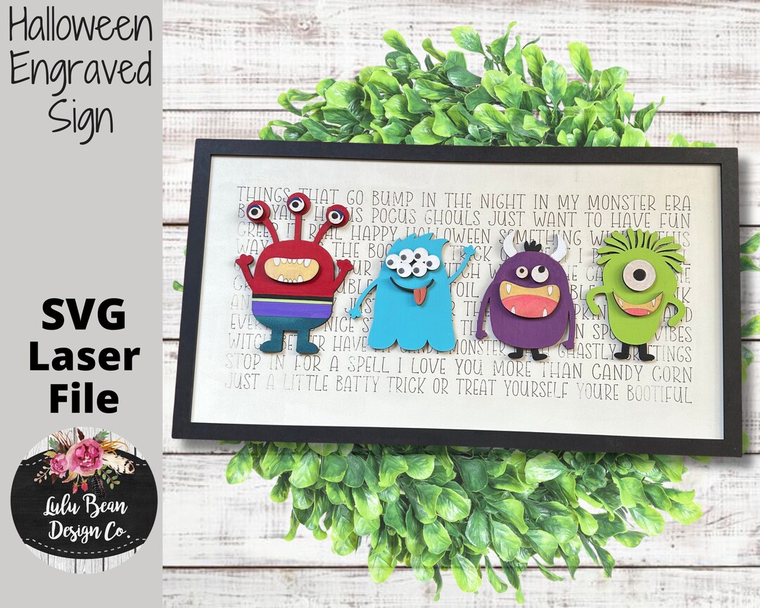 Halloween Monster Engraved Word Sign Digital Cut File Laser Wood SVG ...