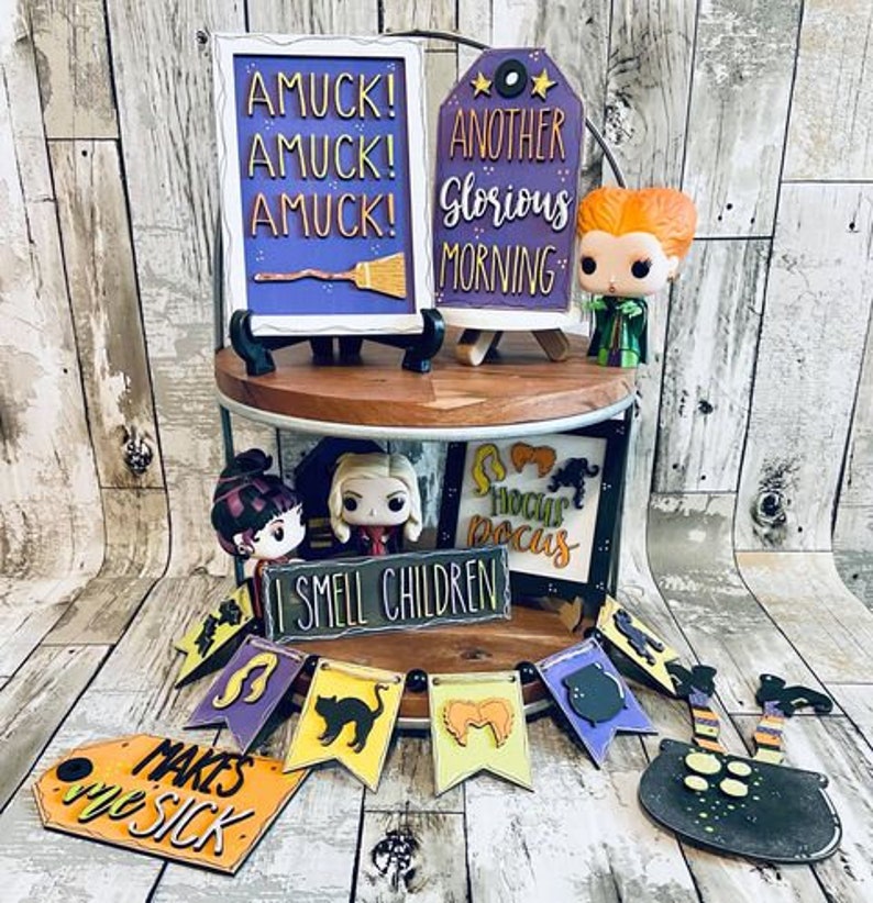 Hocus Pocus Witch Halloween Tiered Tray Kit Wood Tag Sign Round Digital ...