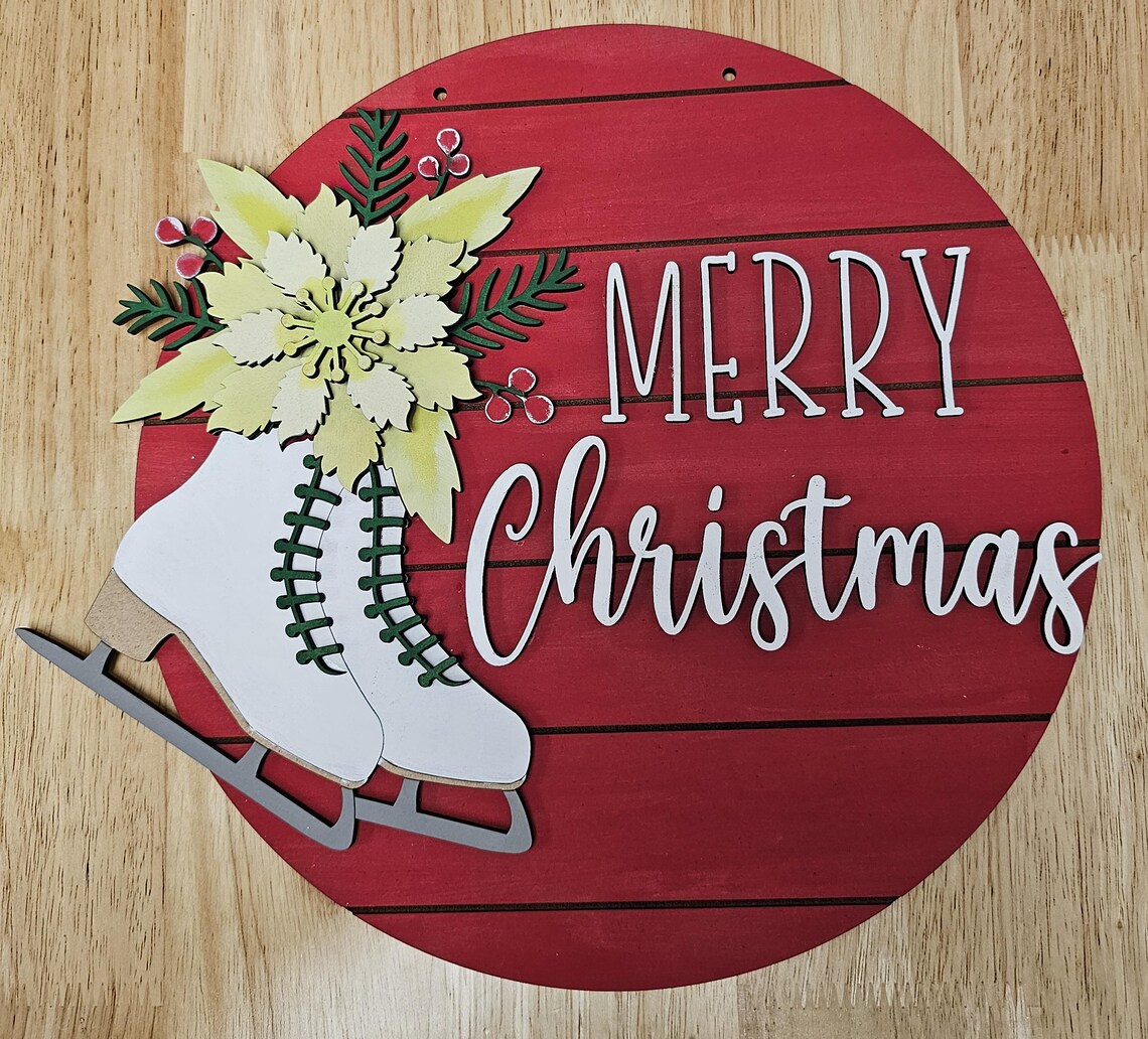 Merry Christmas Ice Skates Poinsettia Round Door Hanger SVG Laser File ...
