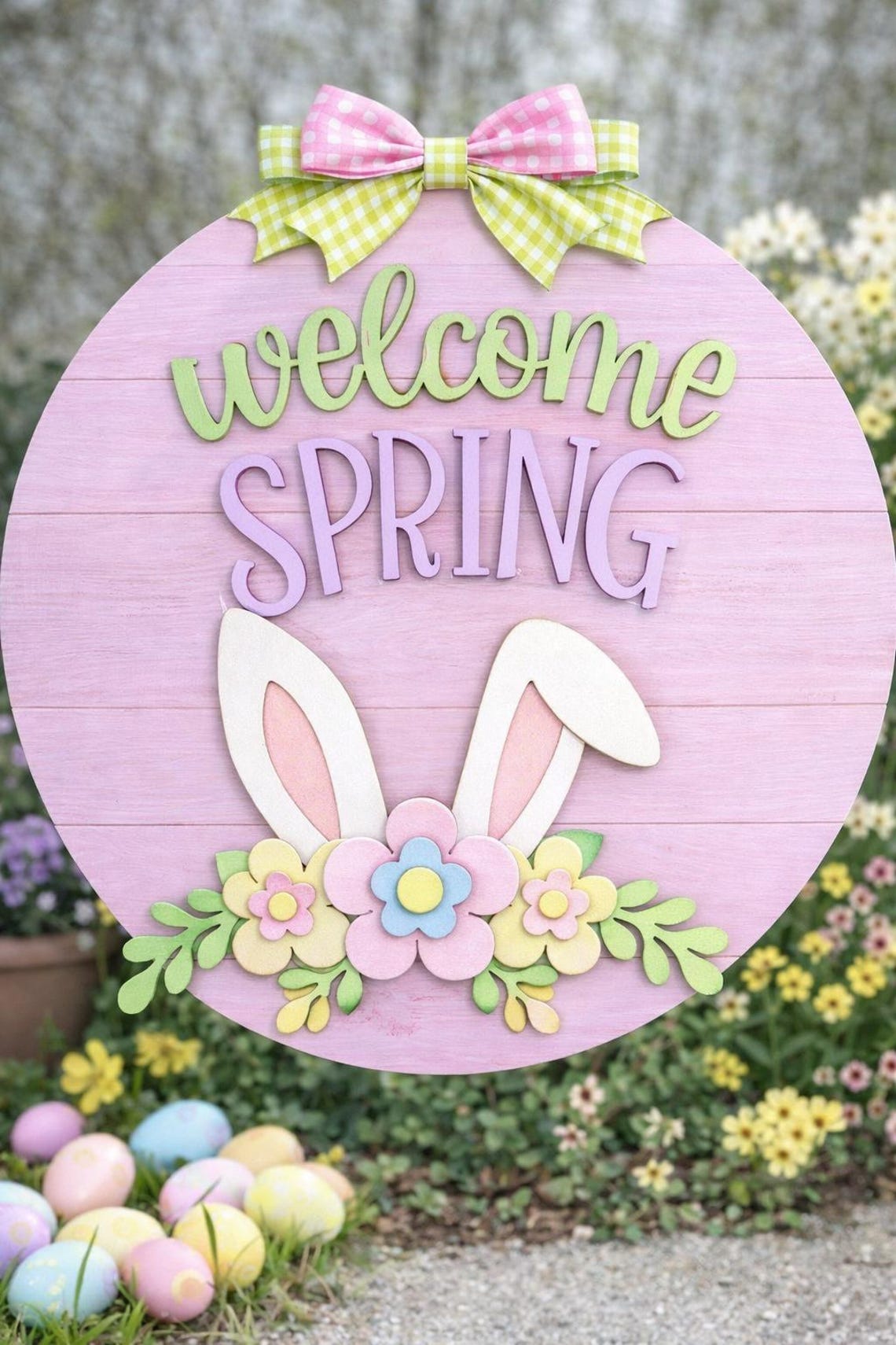 Welcome Spring Bunny Ears Flowers Floral Door Hanger Split Option Sign ...