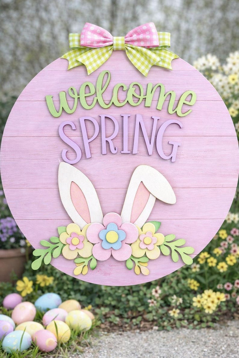 Welcome Spring Bunny Ears Flowers Floral Door Hanger Split Option Sign ...