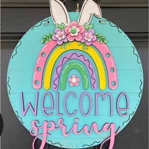 Boho Rainbow Bunny Spring Welcome Door Hanger Split Option Sign SVG ...