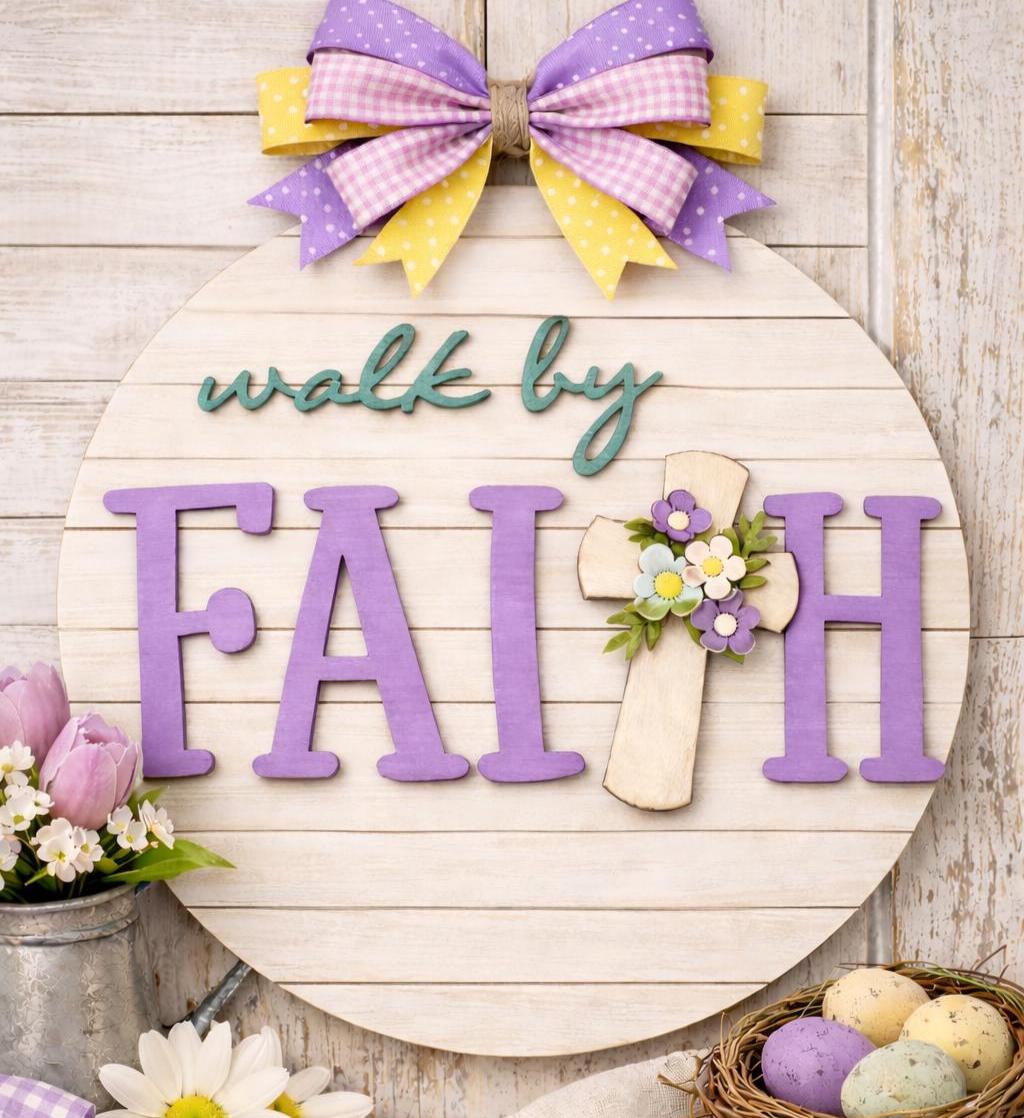 Walk by Faith Easter Religious Cross Floral Round Door Hanger Sign ...