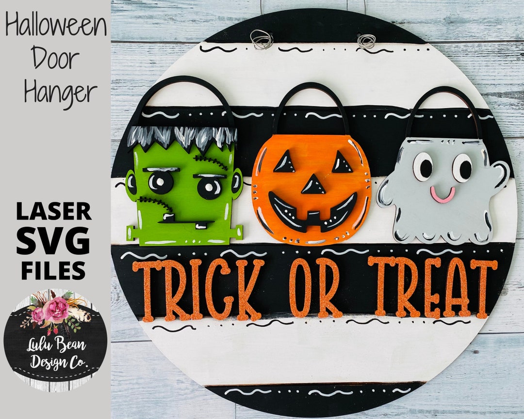 Halloween Candy Bucket Trick or Treat Round Door Hanger SVG Laser File ...