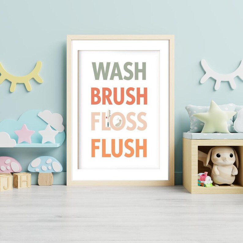Wash Brush Floss Flush Poster, Bathroom Poster, Printable Wall Art ...