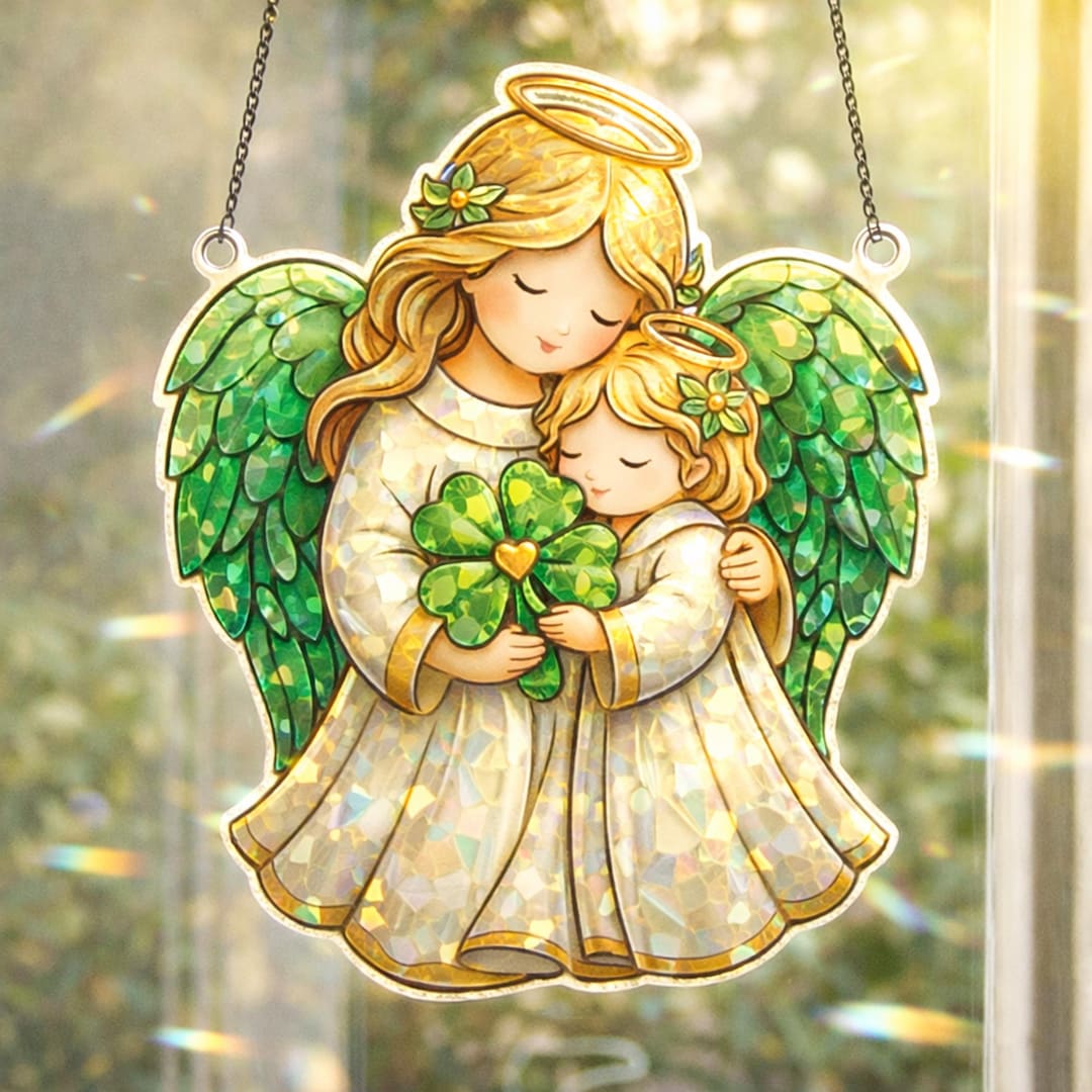 Angel Mother Child Suncatcher, Shamrock Angel Hologram Acrylic Ornament ...