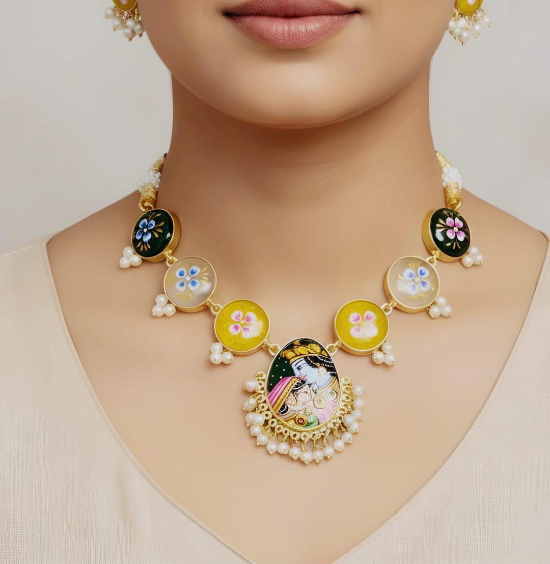 Indian Beads Stone Radha Krishna Hand Printed Kundan Enamel Jewelry ...