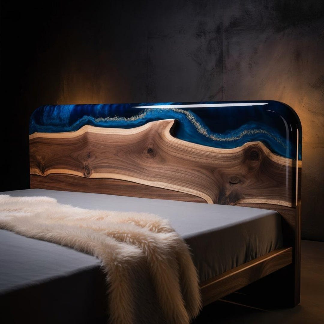 Luxury Ocean Blue Epoxy & Natural Solid Wood Bed Headboard – Custom ...