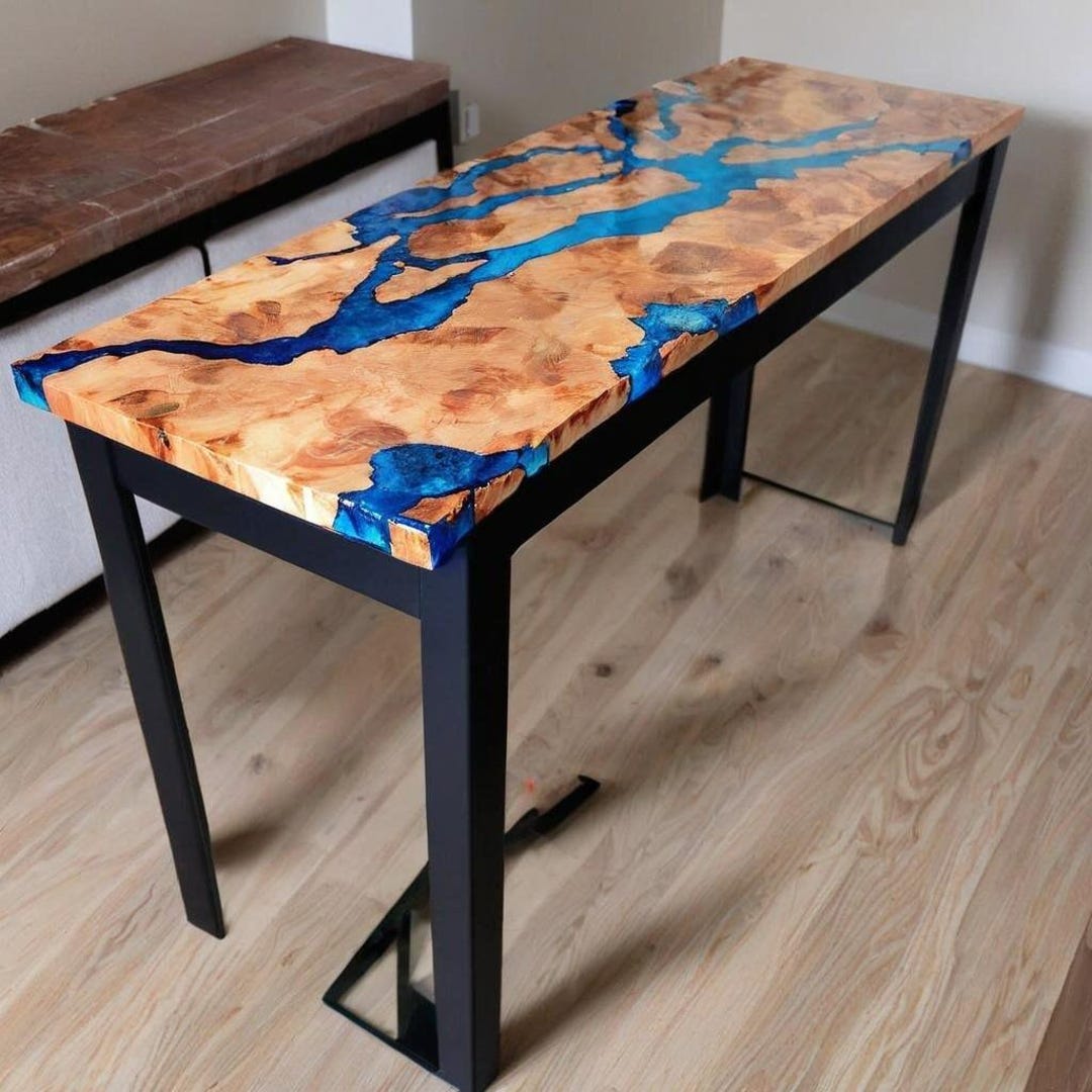 Epoxy Resin Console Table, Live Edge Desk, Narrow Entryway Table, Resin ...