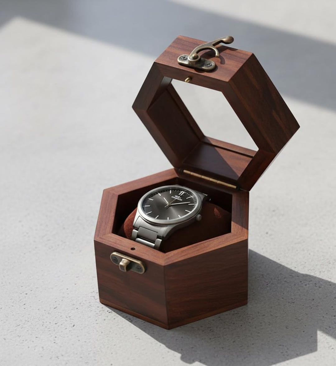 Handmade Rosewood Watch Box, Hexagon Wooden Watch Case With Glass Lid ...