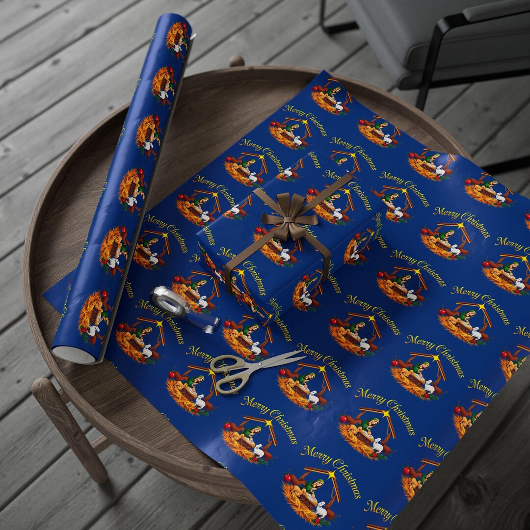 Baby Jesus in the Manger Wrapping Paper | Blue Holiday Wrap - Etsy