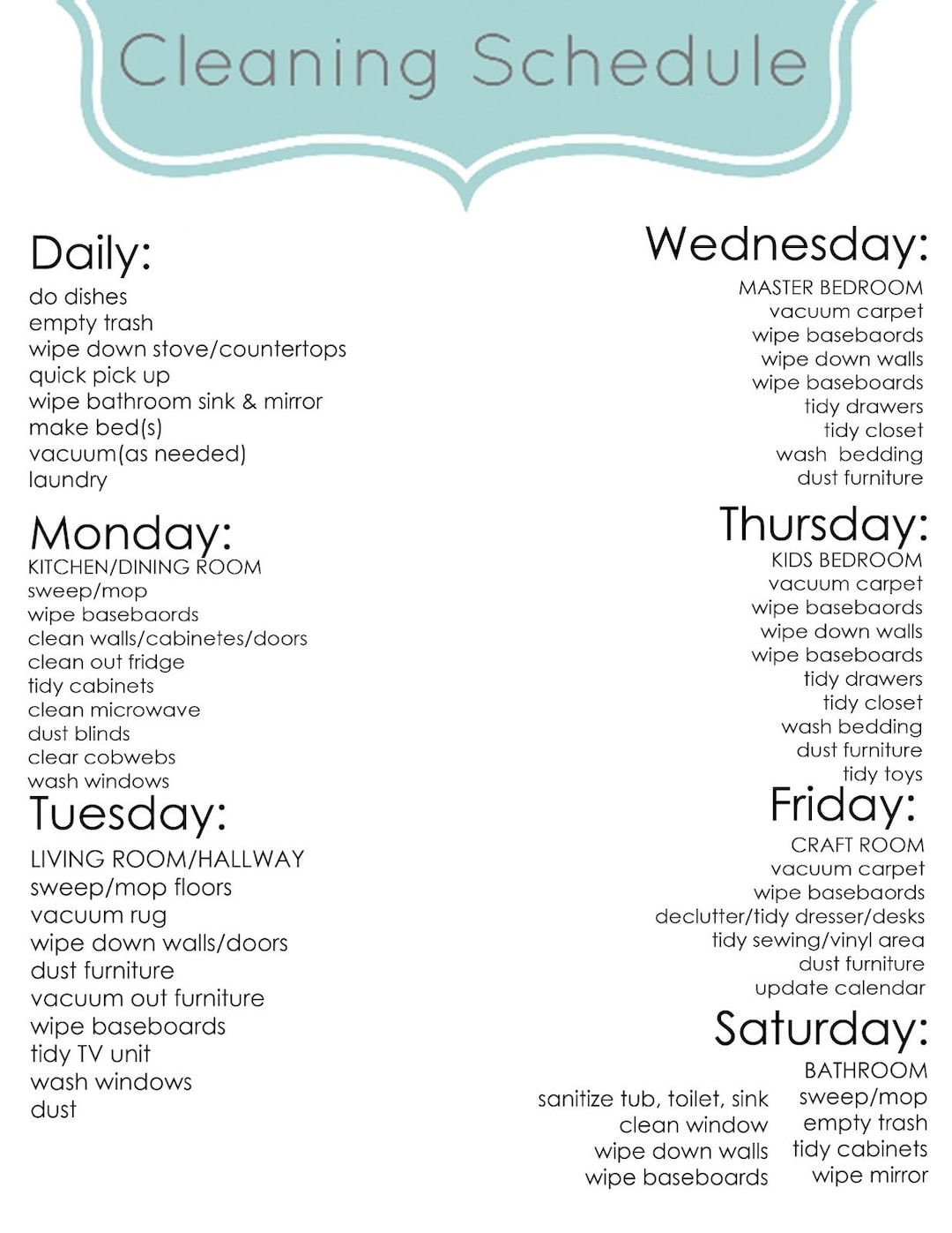 Daily/weekly Cleaning Schedule Printout - Etsy