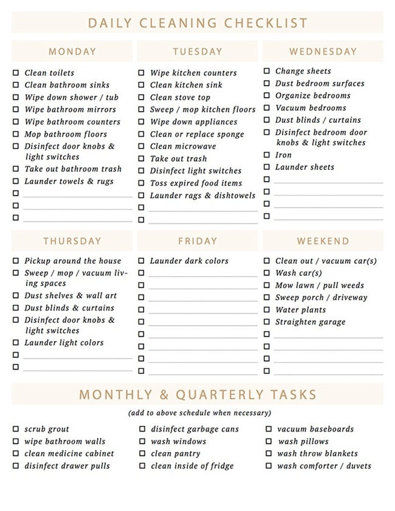 Household Daily Cleaning Checklist - Etsy