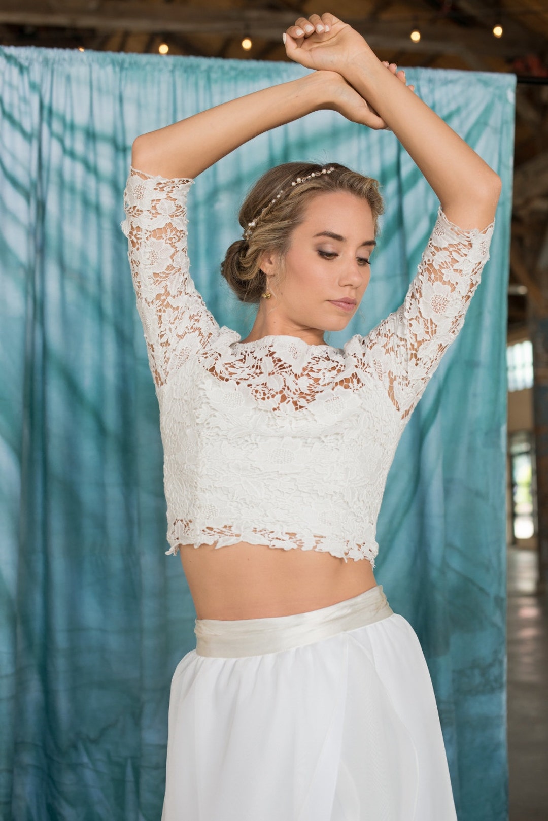 Bridal Lace Topper With 3/4 Sleeves, Cotton Lace Crop Top, Wedding ...