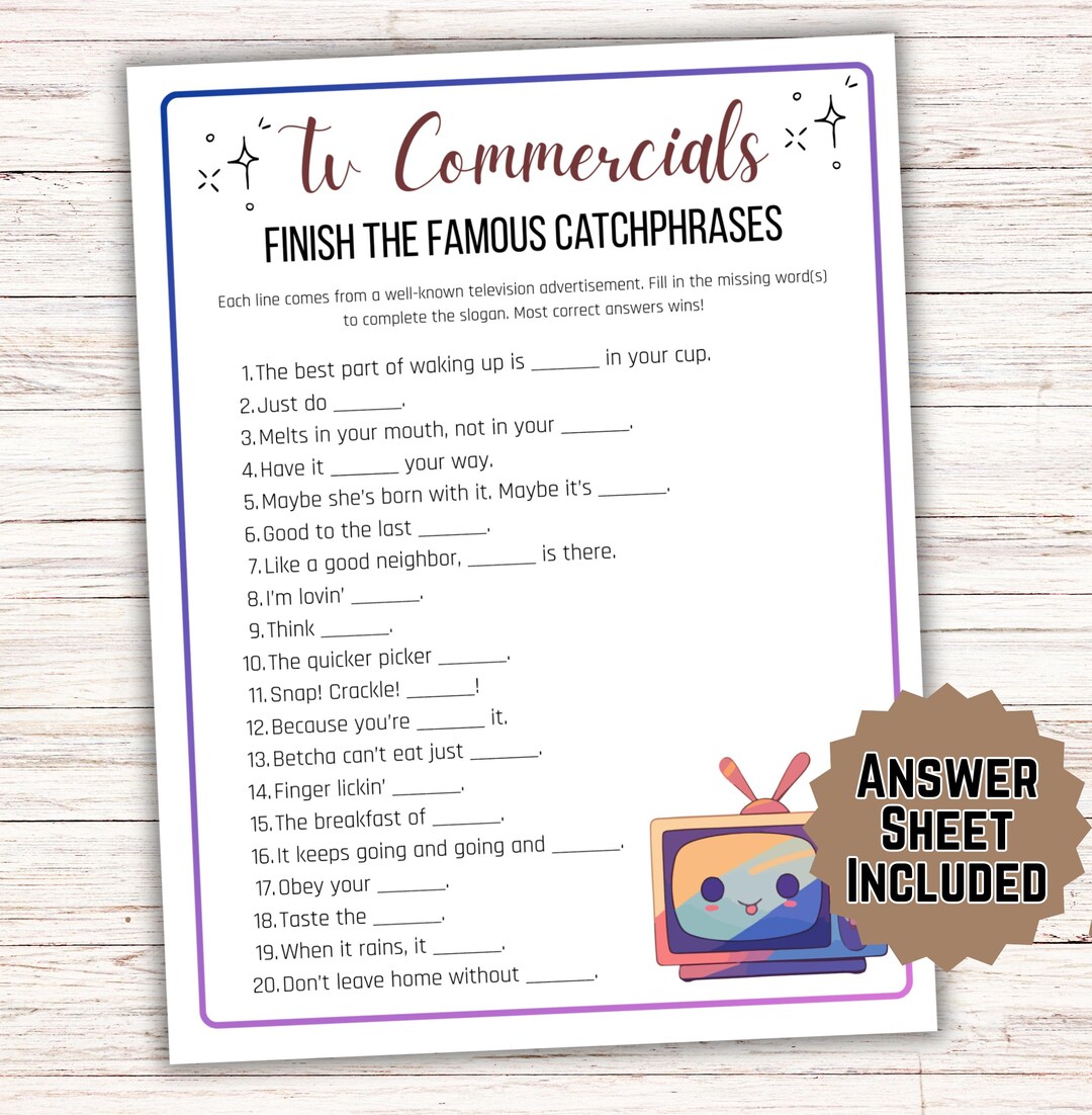 TV Commercial Slogan Game, Trivia Quiz, Family Night (printable Game ...