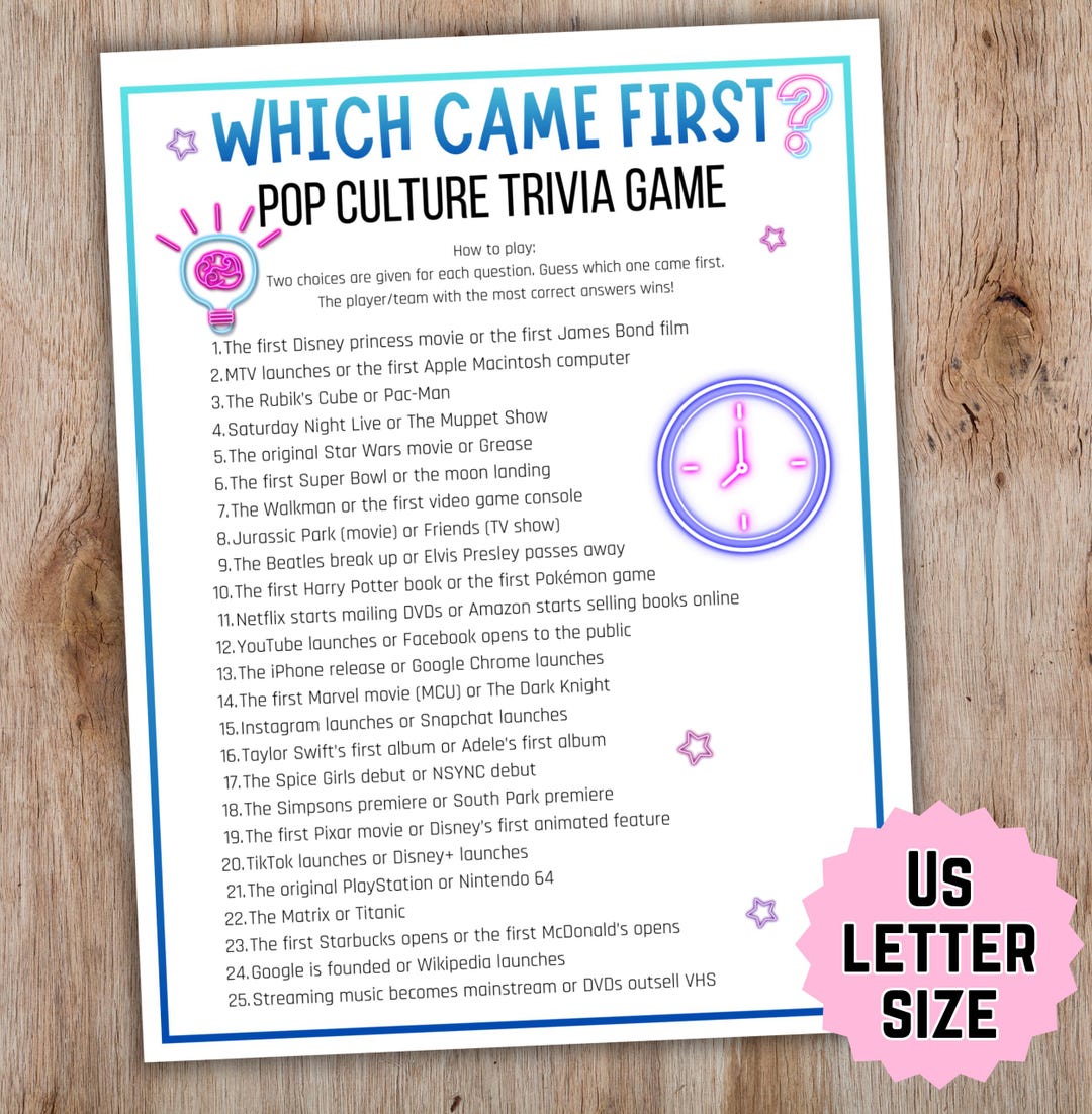 Pop Culture Trivia Game, Guess Which Came First Quiz,printable Game for ...